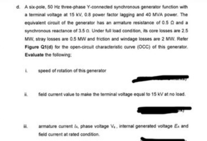 Solved d. ﻿A six-pole, 50Hz ﻿three-phase Y-connected | Chegg.com