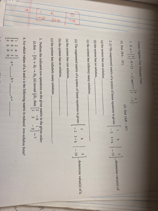 Solved Linear Algebra Test 1(Sample Test) 1. If A- (1) B-13 | Chegg.com