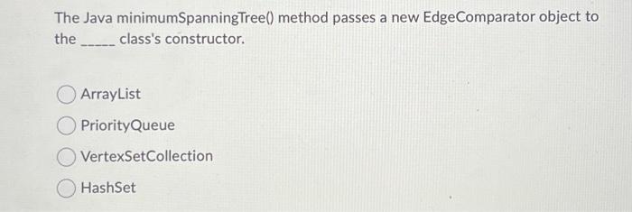 Solved The Java minimumSpanningTree() method passes a new | Chegg.com