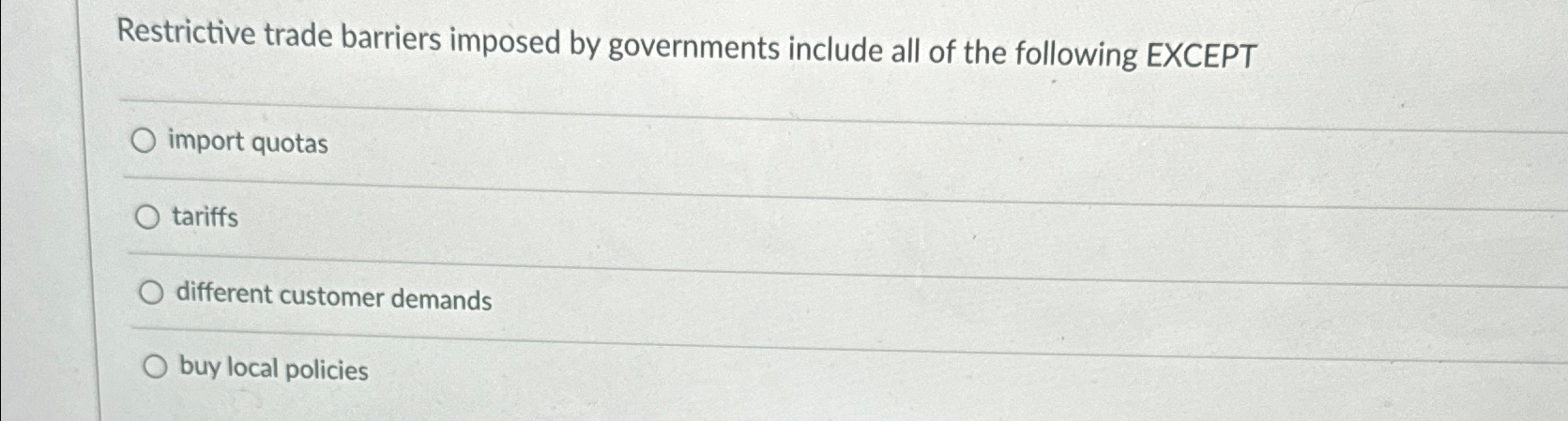 Solved Restrictive trade barriers imposed by governments | Chegg.com