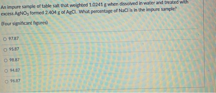 Solved An impure sample of table salt that weighted 1.0241 g | Chegg ...