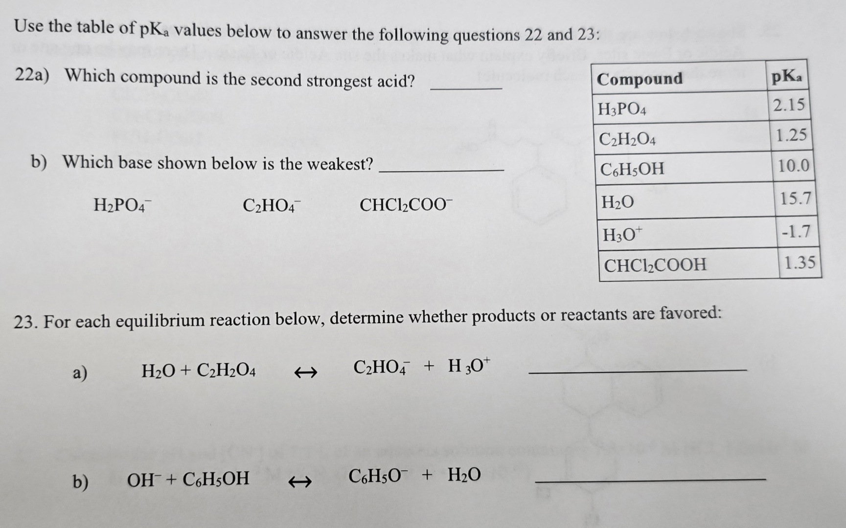 Solved Use the table of pKa ﻿values below to answer the | Chegg.com