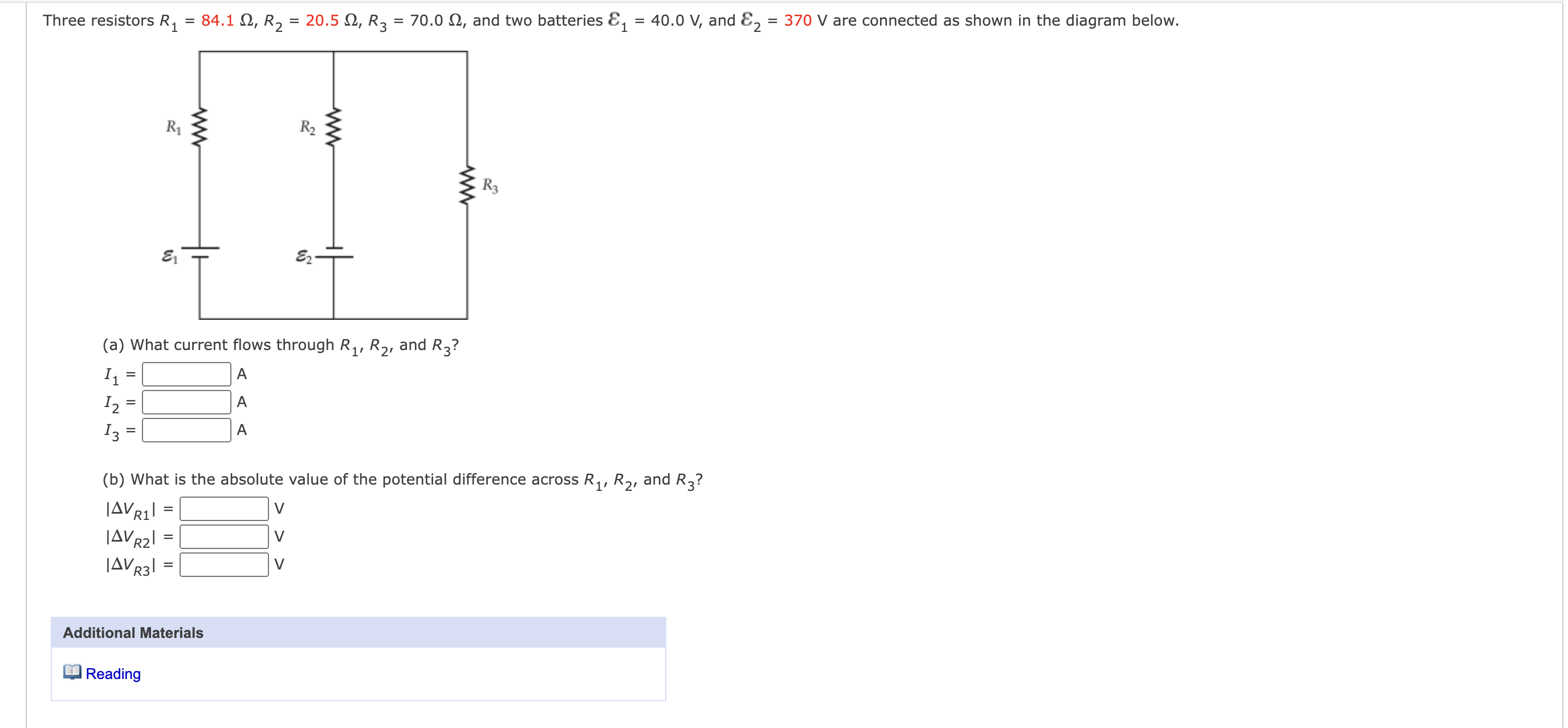 Solved Three resistors R1=84.1Ω,R2=20.5Ω,R3=70.0Ω, ﻿and two | Chegg.com