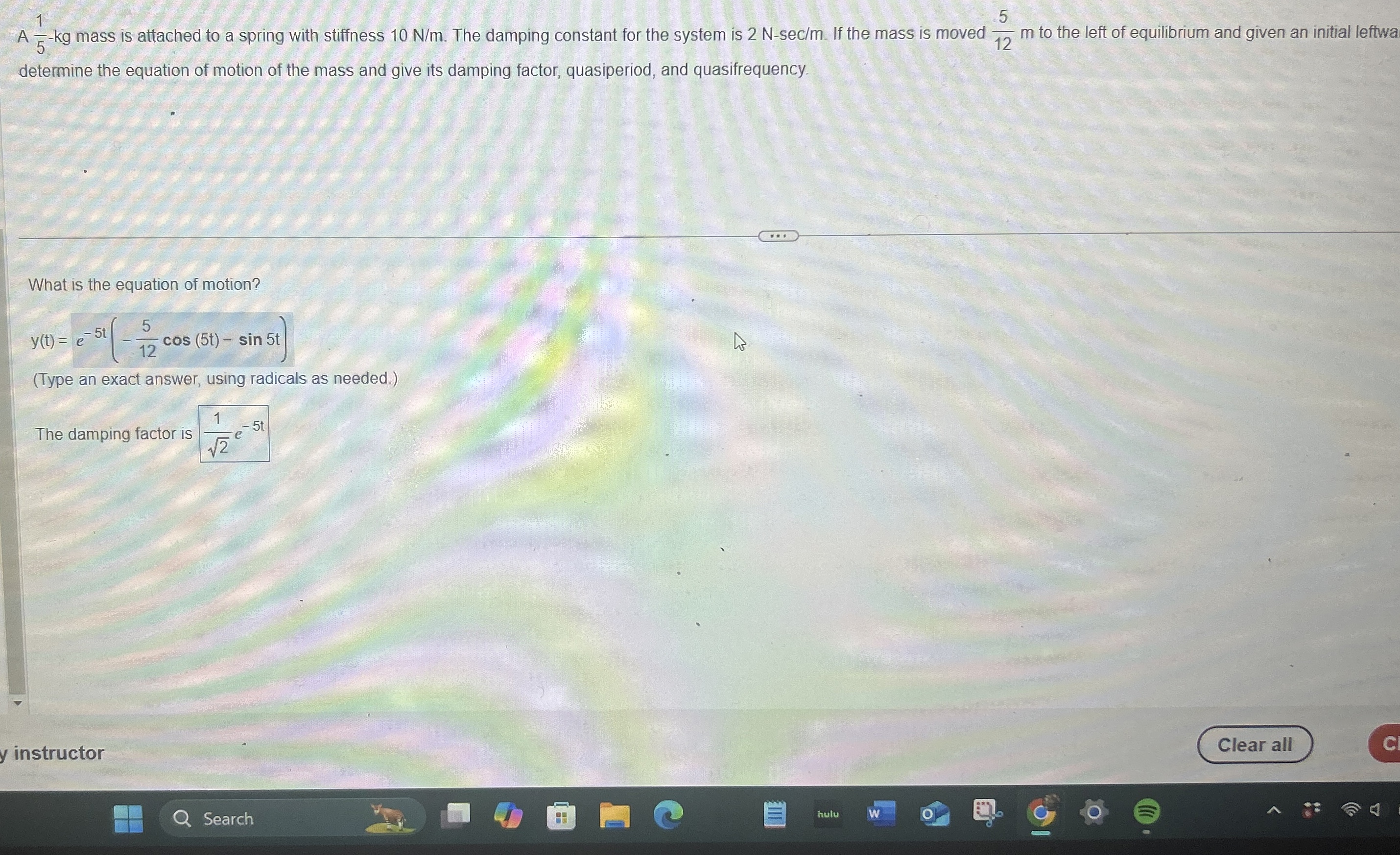 Solved A 15-kg ﻿mass is attached to a spring with stiffness | Chegg.com