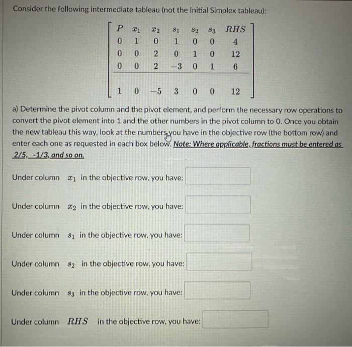 Solved Consider the following intermediate tableau (not the | Chegg.com
