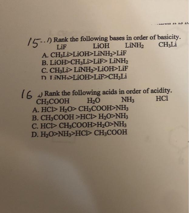 Solved 15.) Rank the following bases in order of basicity. | Chegg.com