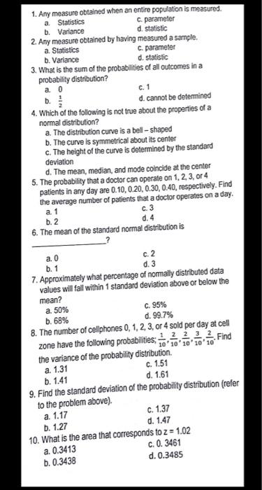 Solved 1. The set of all possible outcomes in an experiment | Chegg.com
