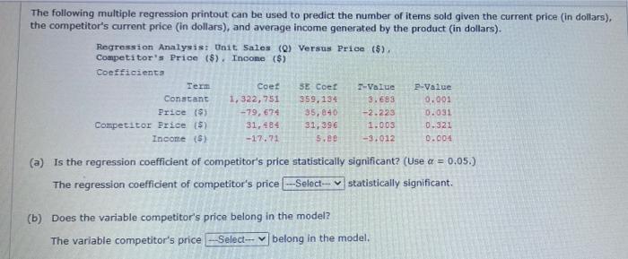 Solved The following multiple regression printout can be | Chegg.com