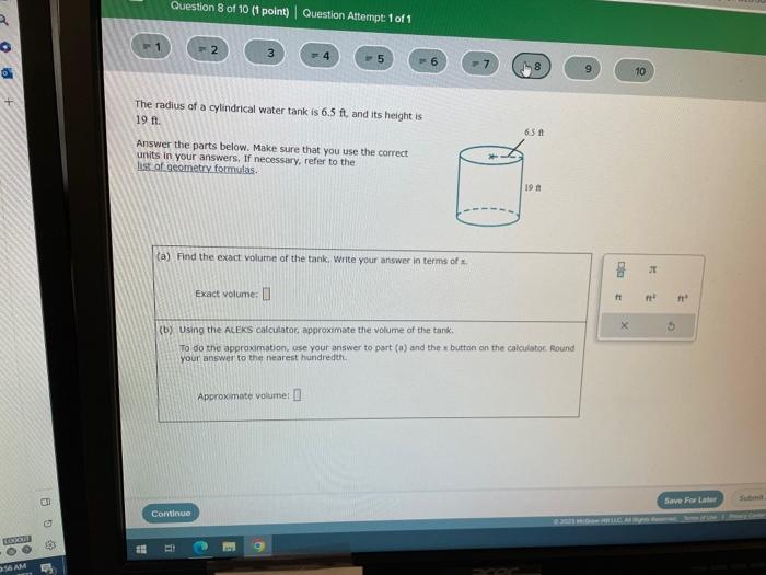 Solved The radius of a cylindrical water tank is 6.5ft, and | Chegg.com
