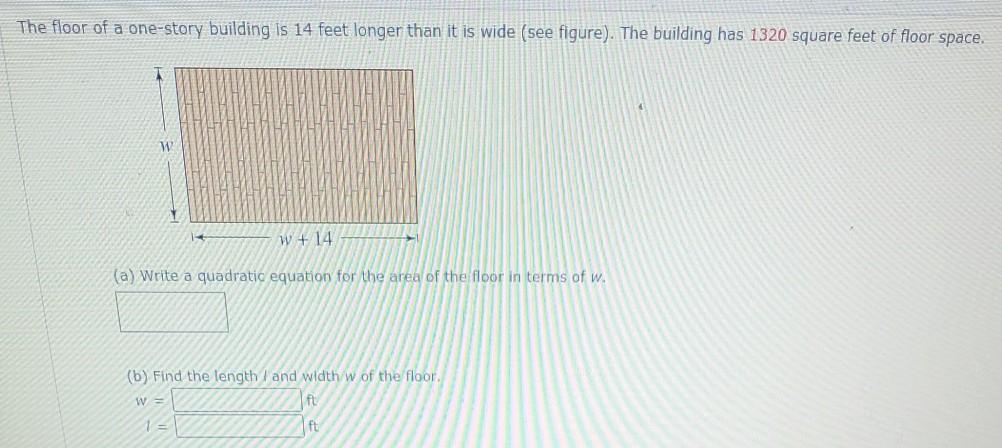 Solved The floor of a one-story building is 14 feet longer | Chegg.com