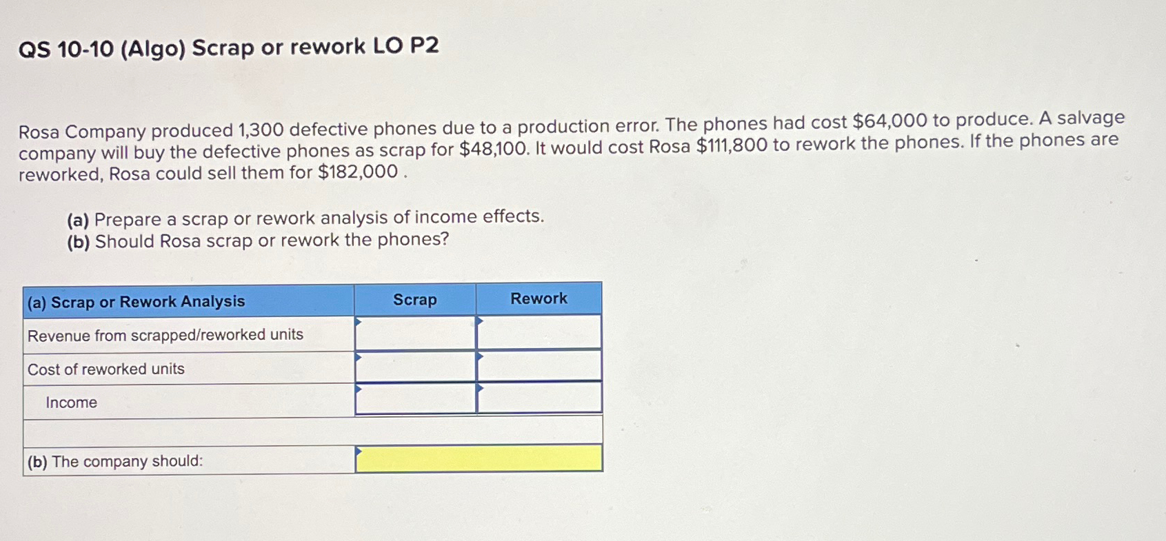 Solved QS 10-10 (Algo) ﻿Scrap or rework LO P2Rosa Company | Chegg.com