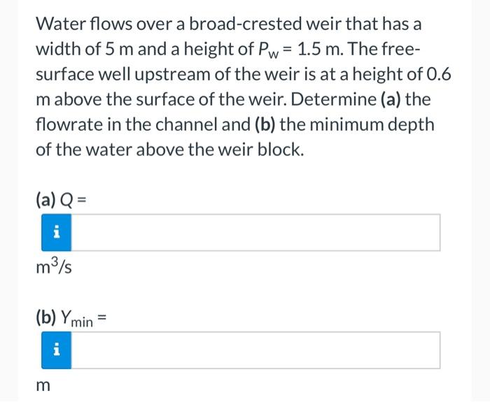 Solved Water flows over a broad-crested weir that has a | Chegg.com