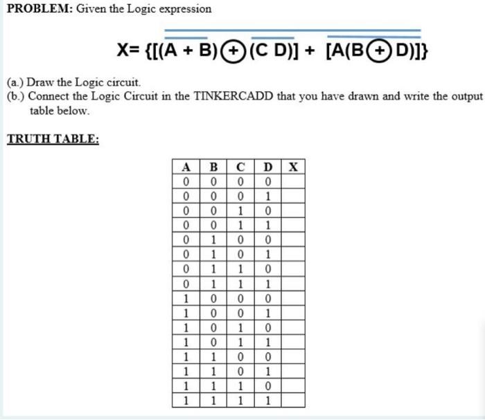 Solved PROBLEM: Given the Logic expression X= {[(A + B)(CD)] | Chegg.com