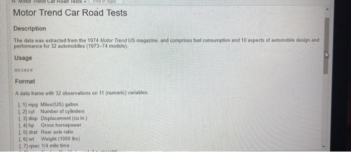 Solved R Motorend Car Road tests OD Motor Trend Car Road | Chegg.com