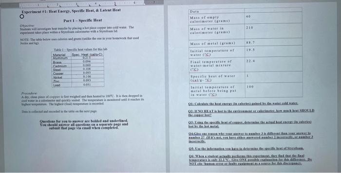 Solved Experiment #1: Heat Energy, Specific leat, & Latent | Chegg.com