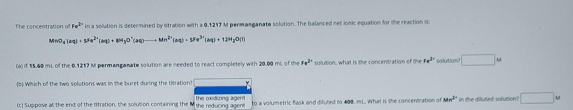 Solved The concentration of Fe2+ in a solution is determined | Chegg.com