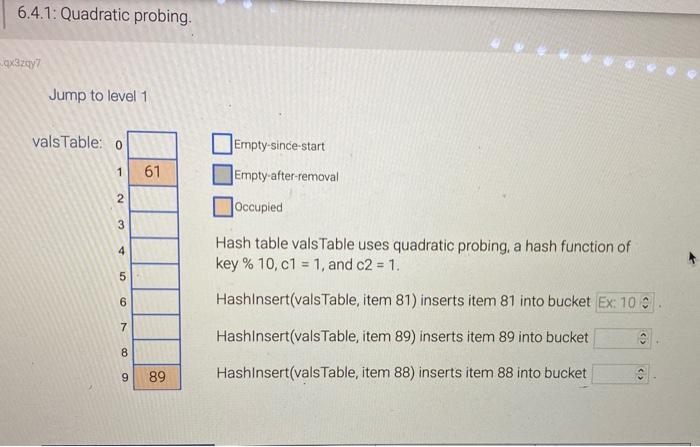 Solved 6.4.1: Quadratic probing. Jump to level 1 valsTable: | Chegg.com