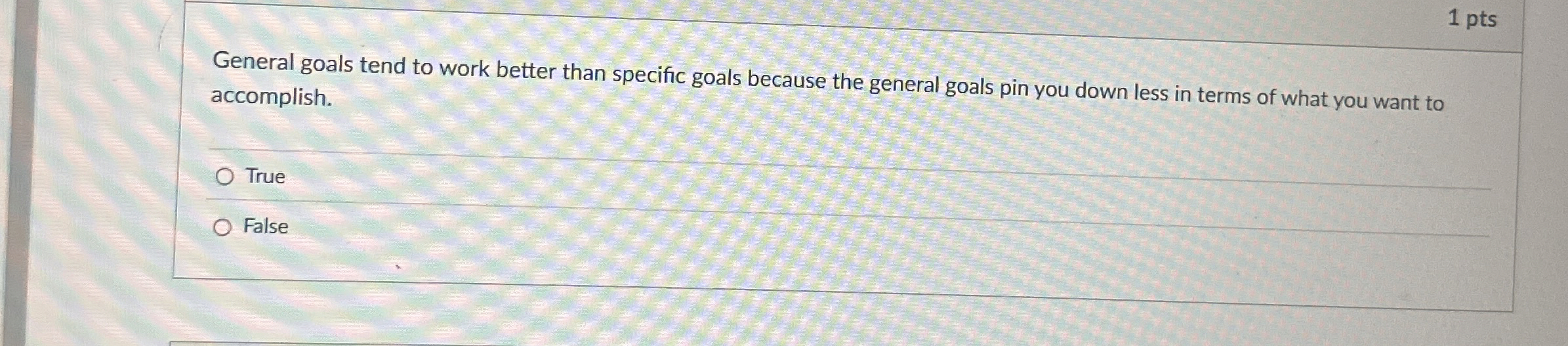 Solved 1 ﻿ptsGeneral goals tend to work better than specific | Chegg.com