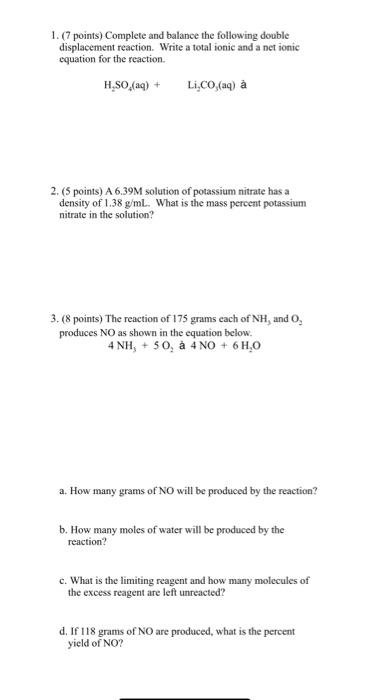 Solved 1. (7 points) Complete and balance the following | Chegg.com