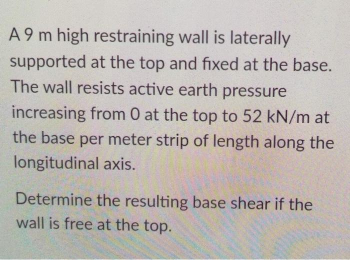 Solved A9 m high restraining wall is laterally supported at | Chegg.com