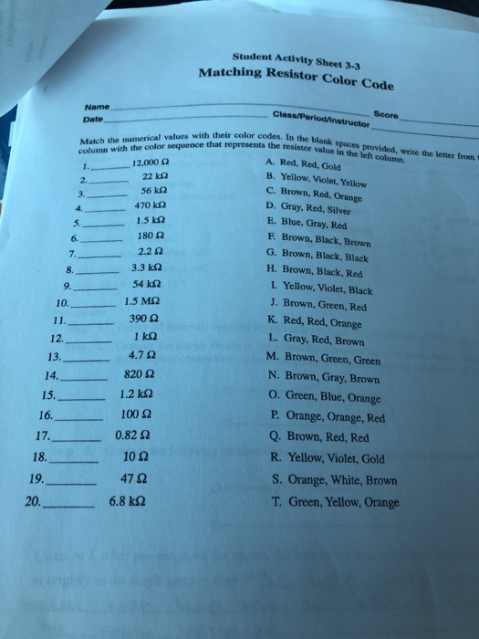 Solved Student Activity Sheet 3-3 Matching Resistor Color | Chegg.com