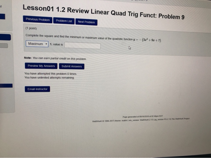 Solved Lesson01 1.2 Review Linear Quad Trig Funct: Problem 9 | Chegg.com