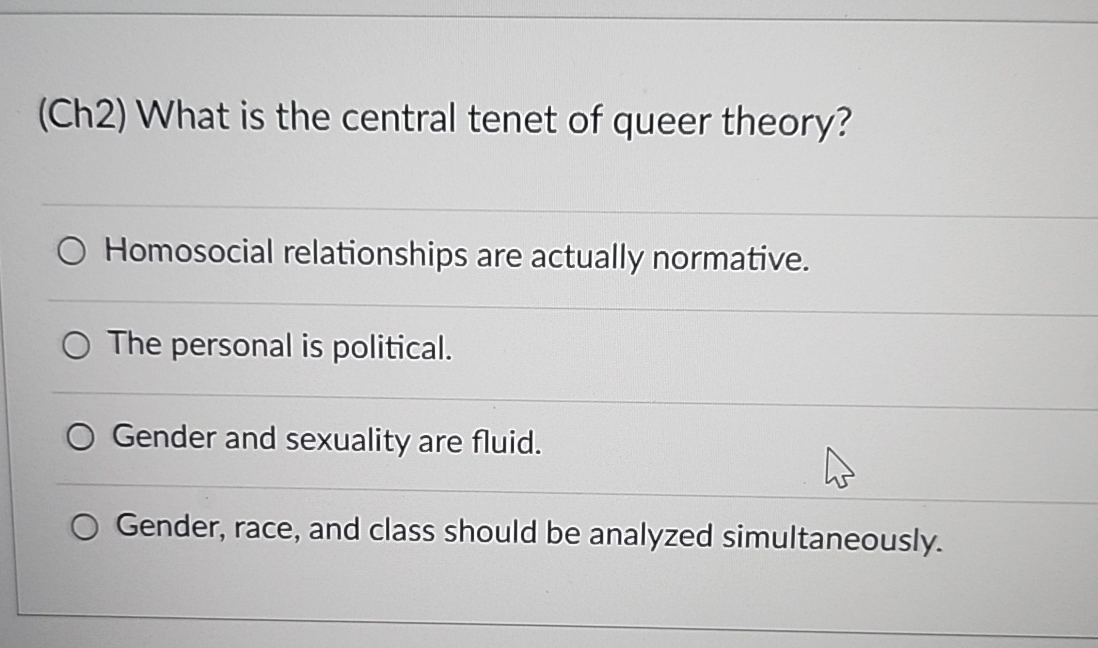 Solved (Ch2) ﻿What is the central tenet of queer | Chegg.com