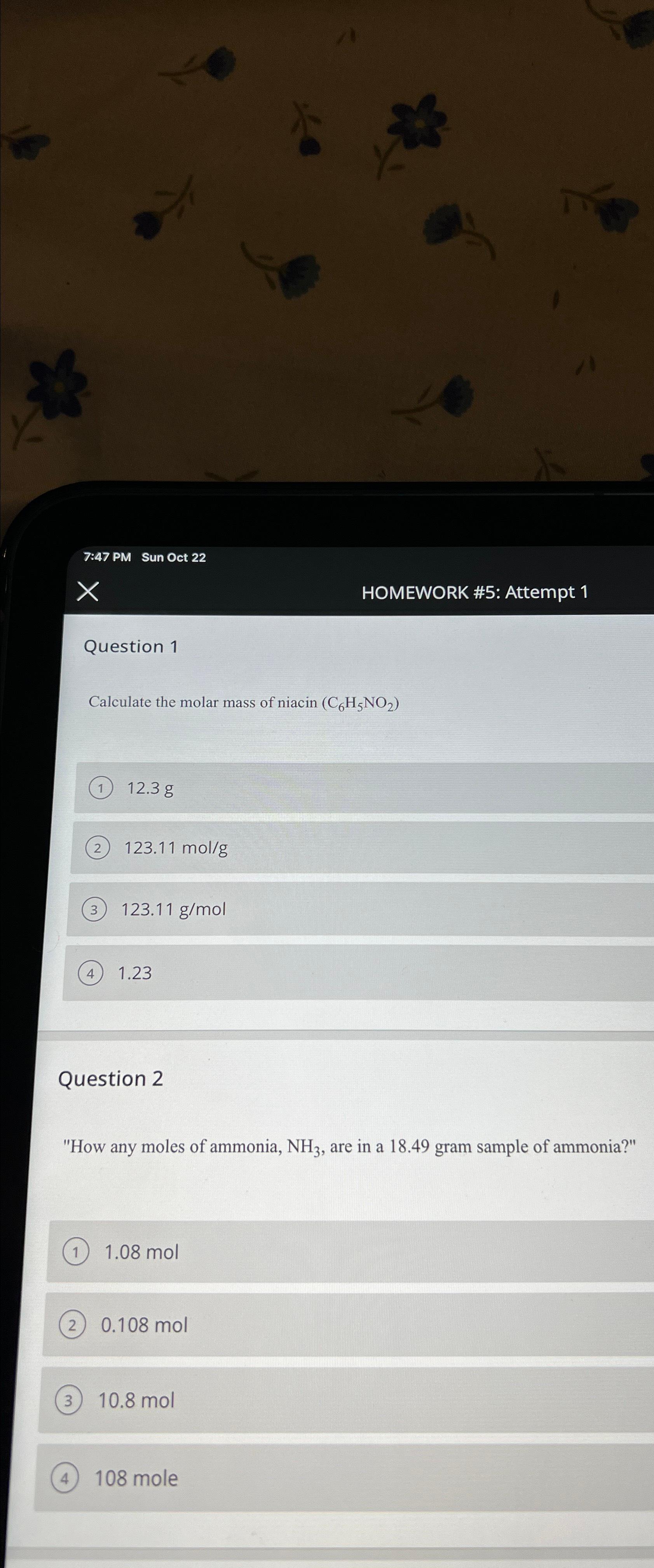 Solved HOMEWORK #5: Attempt 1Question 1Calculate the molar | Chegg.com
