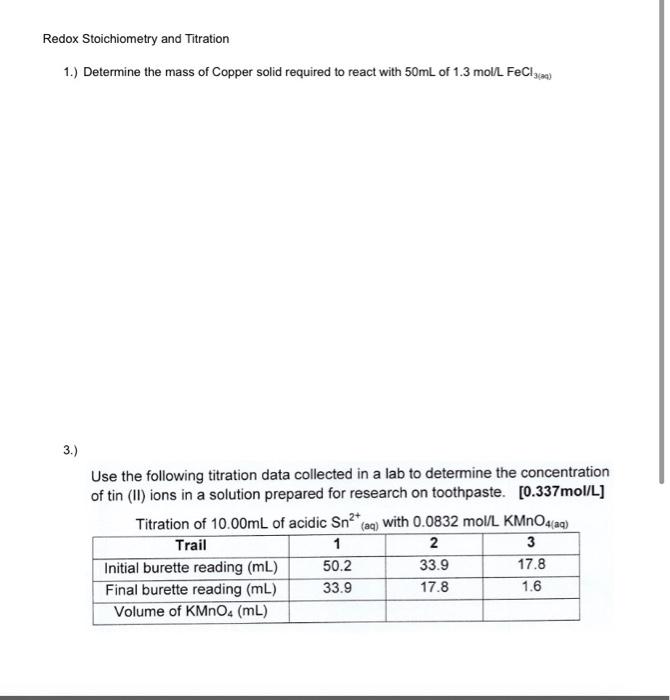 Solved Redox Stoichiometry and Titration 1.) Determine the | Chegg.com