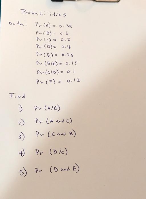 Solved Probabilities Data: Find 1) 2) Pr (A) = 0.35 Pr (B) = | Chegg.com