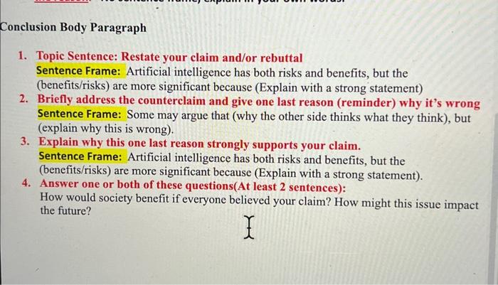 Claim Body Paragraph: *Note that sentence frames are | Chegg.com