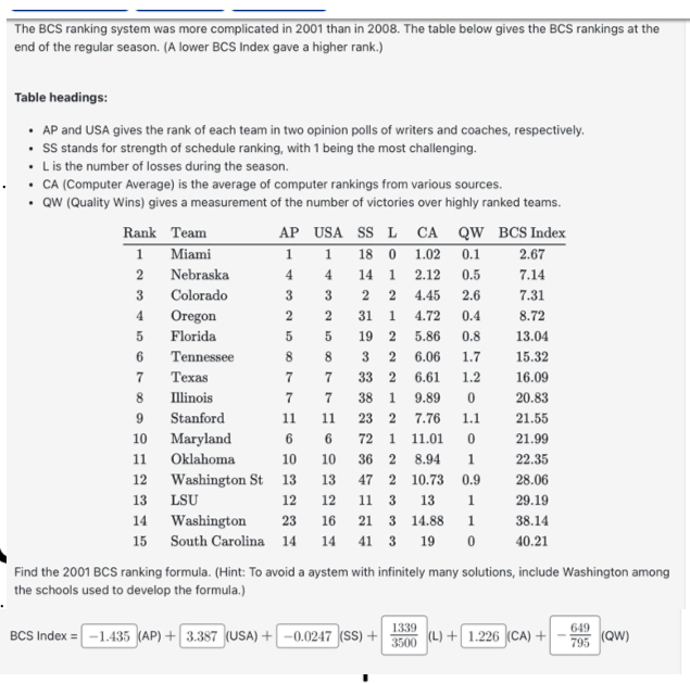 The BCS ranking system was more complicated in 2001 | Chegg.com