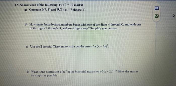 Solved 12. Answer each of the following: ( 4×3=12 marks) a) | Chegg.com