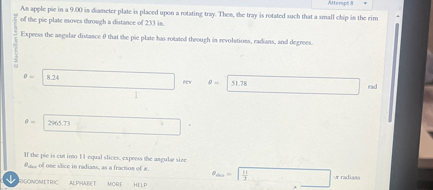 Solved Attempt 8An apple pie in a 9.00 ﻿in diameter plate is | Chegg.com