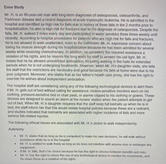 Solved Case Study Mr. H. is an 86-year-old man with | Chegg.com