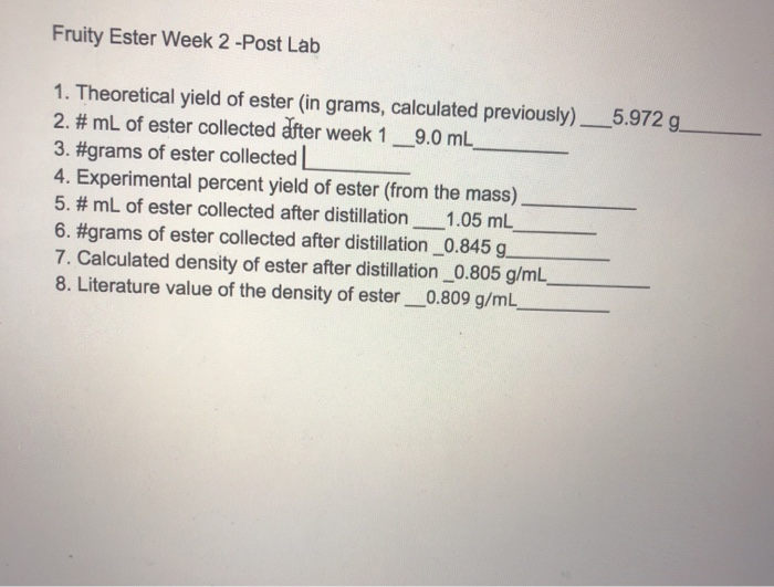 Solved Fruity Ester Week 2 -Post Lab 1. Theoretical yield of | Chegg.com