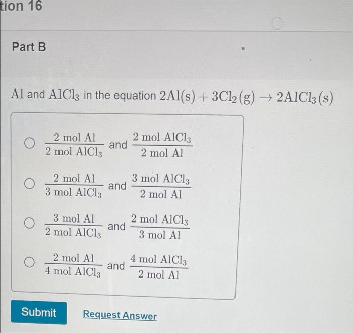 Solved Part A Al and Cl, in the equation 2Al(s) + 3Cl2(g) → | Chegg.com
