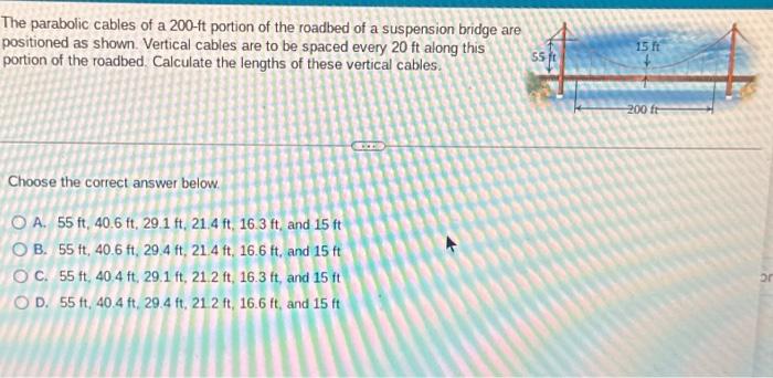 Solved The parabolic cables of a 200-ft portion of the | Chegg.com