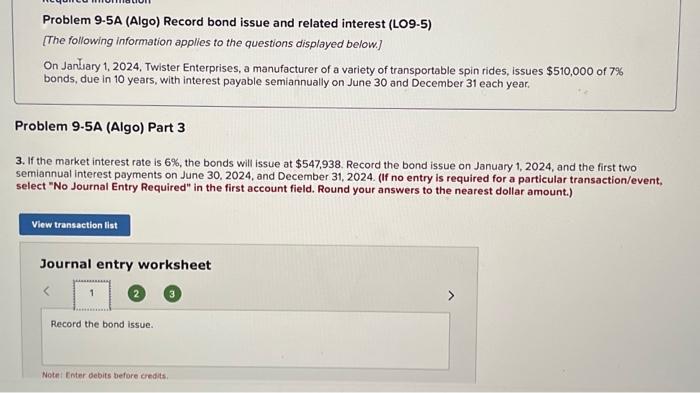 Solved Problem 9-5A (Algo) Record bond issue and related | Chegg.com