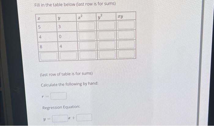 Solved Fill in the table below (last row is for sums) (last | Chegg.com