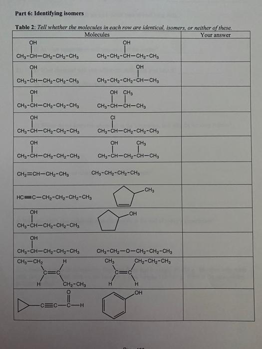 Solved Part 6: Identifying isomers Table 2: Tell whether the | Chegg.com