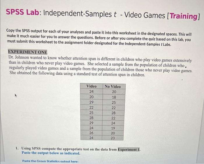 Solved SPSS Lab: Independent-Samples t - Video Games | Chegg.com