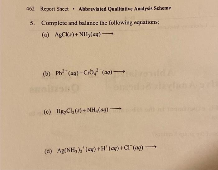 Solved 462 Report Sheet Abbreviated Qualitative Analysis | Chegg.com