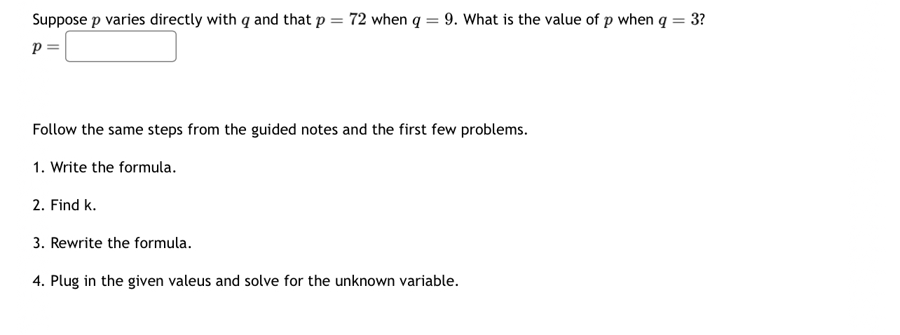 Solved Suppose p ﻿varies directly with q ﻿and that p=72 | Chegg.com