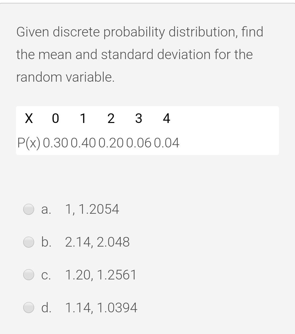 Solved Given discrete probability distribution, find the | Chegg.com