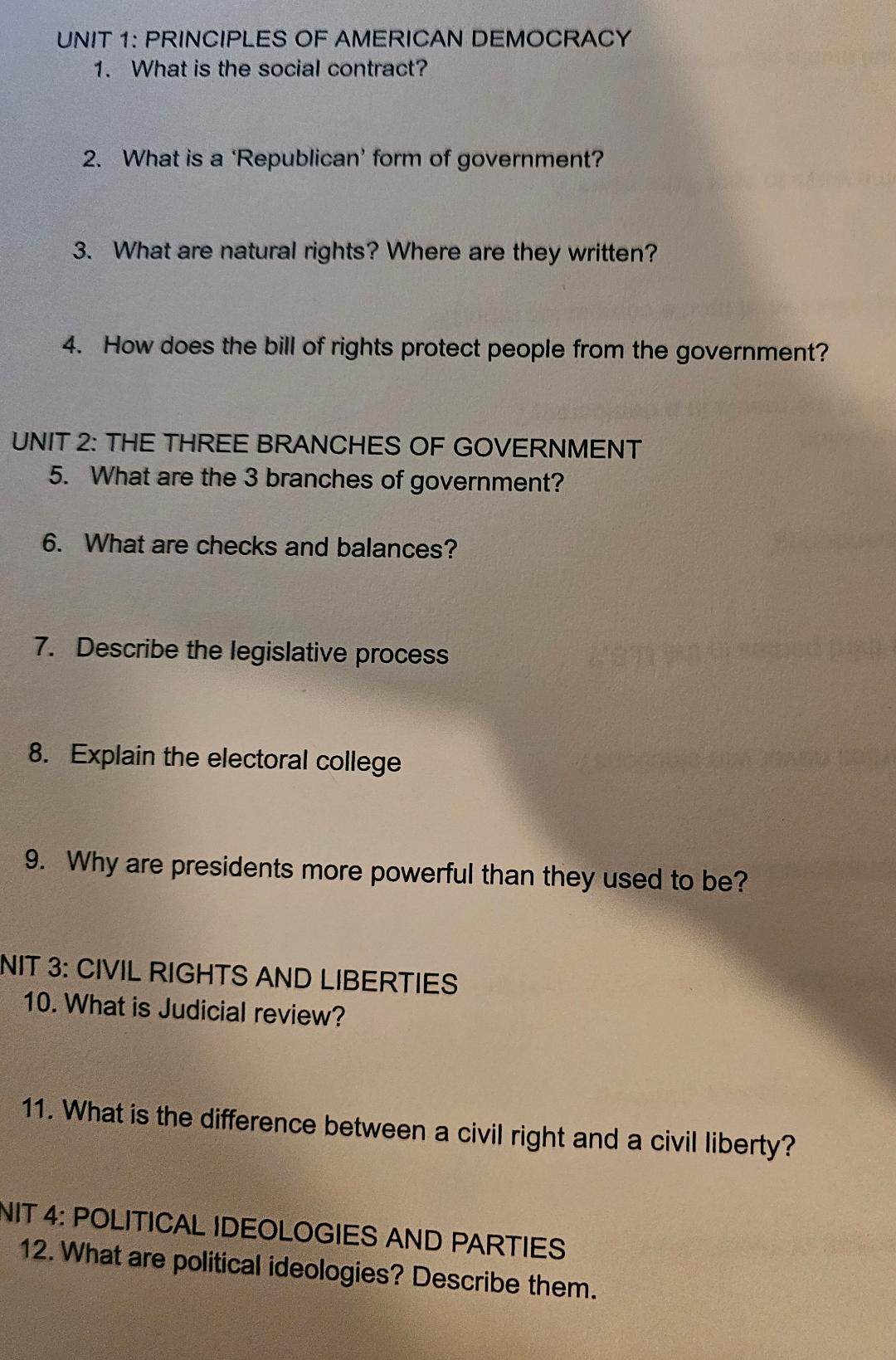 Government Questions UNIT 1: PRINCIPLES OF AMERICAN | Chegg.com