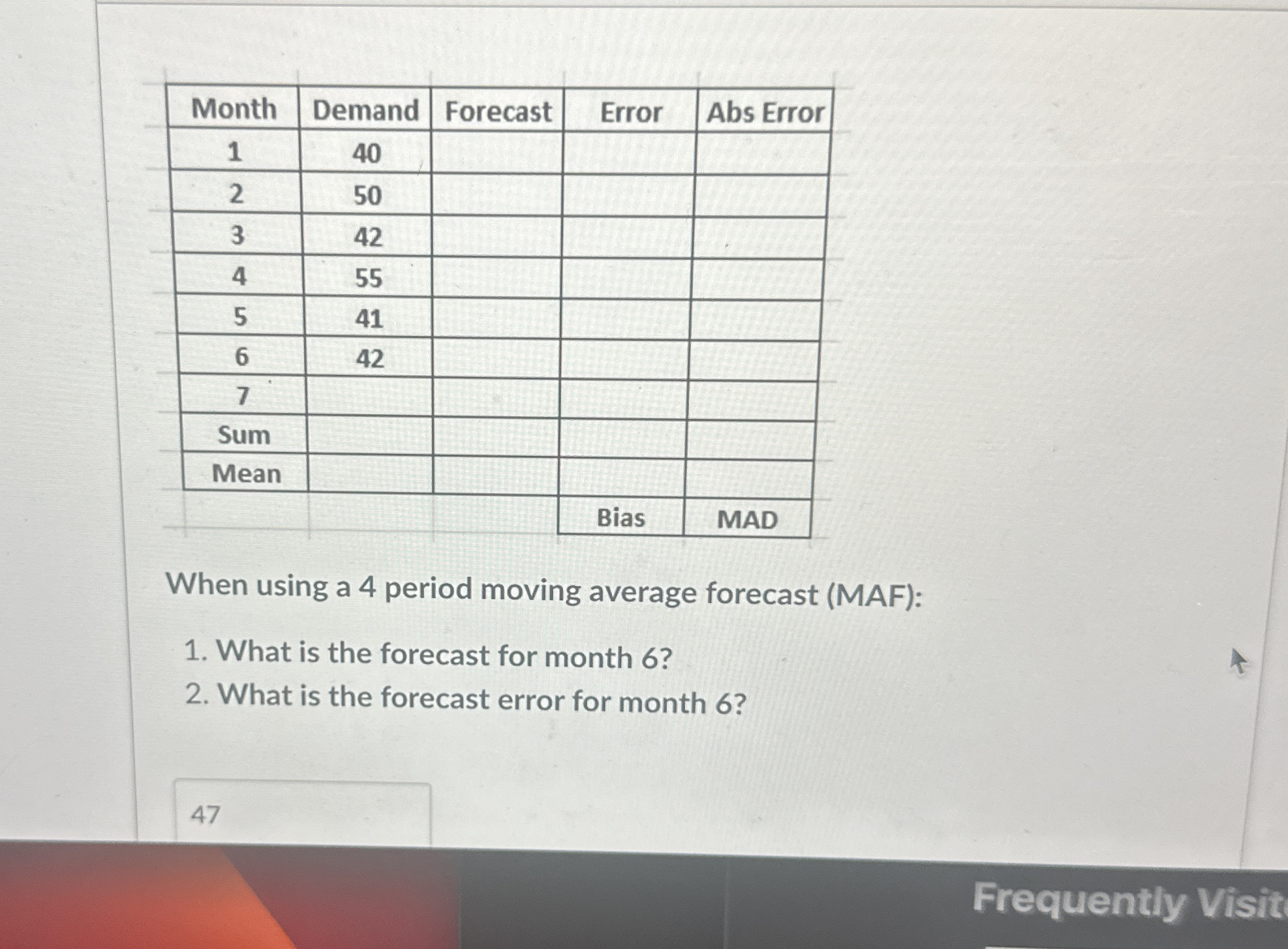 Solved \table[[Month,Demand,Forecast,Error,Abs | Chegg.com