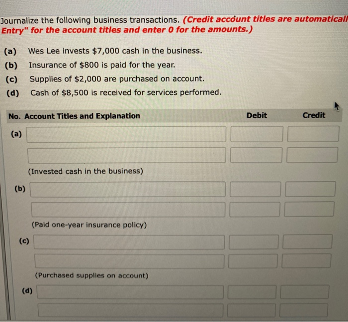 Solved Journalize the following business transactions. | Chegg.com