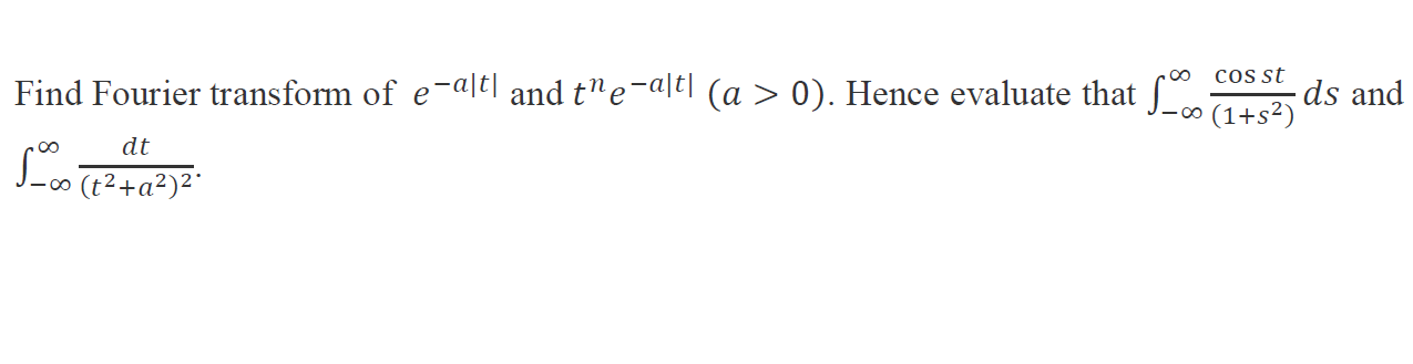 Solved Find Fourier transform of e-a|t| ﻿and tne-a|t|(a>0). | Chegg.com