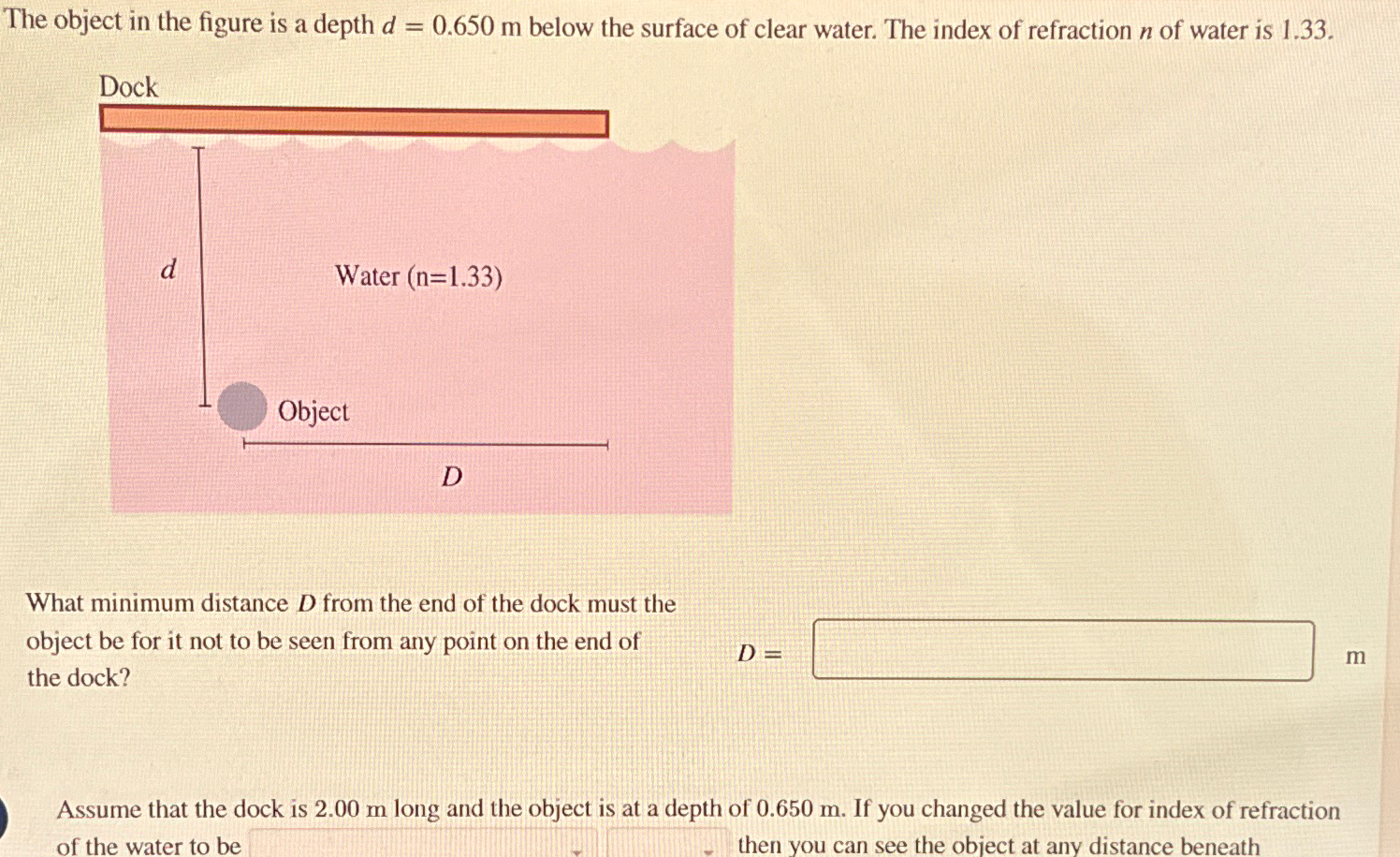 Solved The object in the figure is a depth d=0.650m ﻿below | Chegg.com